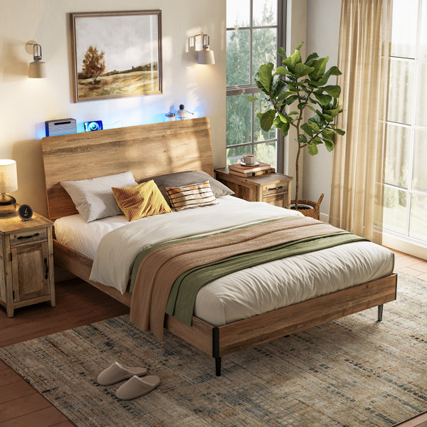 Millwood Pines Storage Shelf Bed Frame Wood With Lights, Outlets & Charger & Reviews | Wayfair